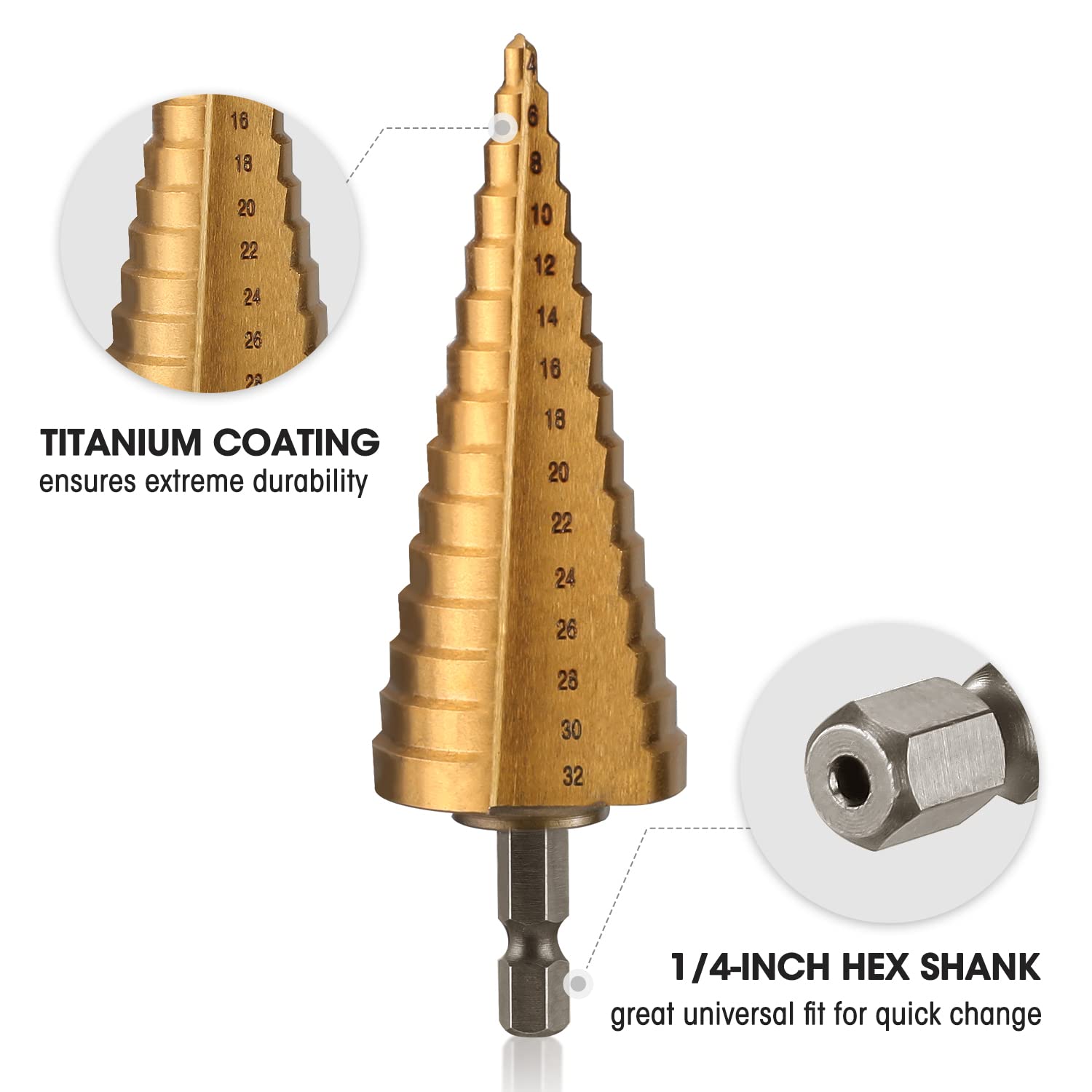 WORKPRO 3-Piece Step Drill Bit Set, 1/4" Hex Shank Quick Change High Speed Steel Titanium Coated Drill Bits for Plastic, Sheet Metal, Aluminum Hole Drilling, Well-Organized Bag Included,Metric