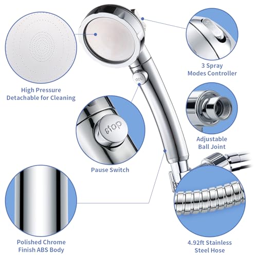 SINGSUO High Pressure Handheld Shower Head with On Off Switch, Detachable Shower Head, 3 Spray Modes Shower Massager Handheld with Hose and Adjustable Angle Bracket (Chrome)