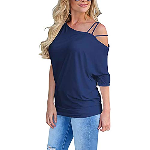 Bravetoshop Women Off The Shoulder Tops Short Sleeve Tunic T Shirts Summer Casual Loose Fit Blouse Tee Shirts (Navy,XL)