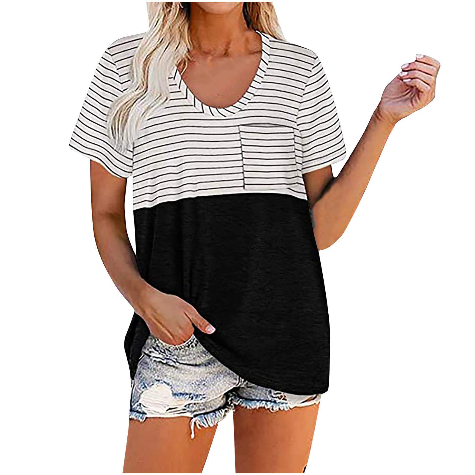 Bravetoshop Women Summer T Shirts Short Sleeve V Neck Pocket Tee Tops Casual Basic Tees Classic Striped Blouse (Black,S)