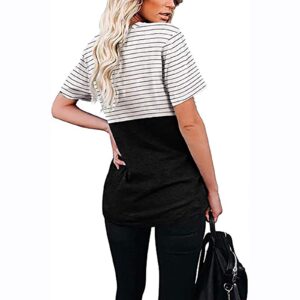 Bravetoshop Women Summer T Shirts Short Sleeve V Neck Pocket Tee Tops Casual Basic Tees Classic Striped Blouse (Black,S)