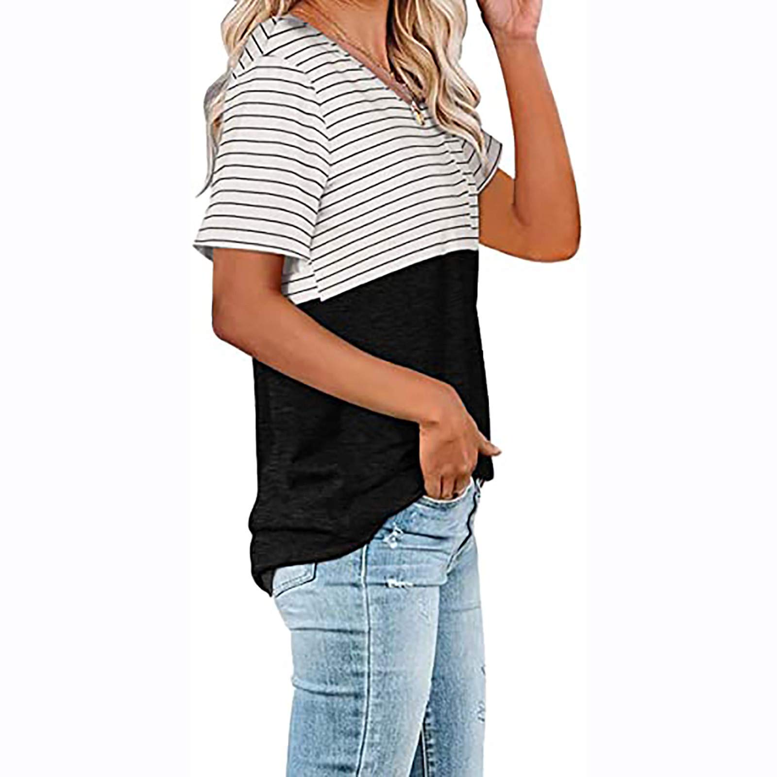 Bravetoshop Women Summer T Shirts Short Sleeve V Neck Pocket Tee Tops Casual Basic Tees Classic Striped Blouse (Black,S)