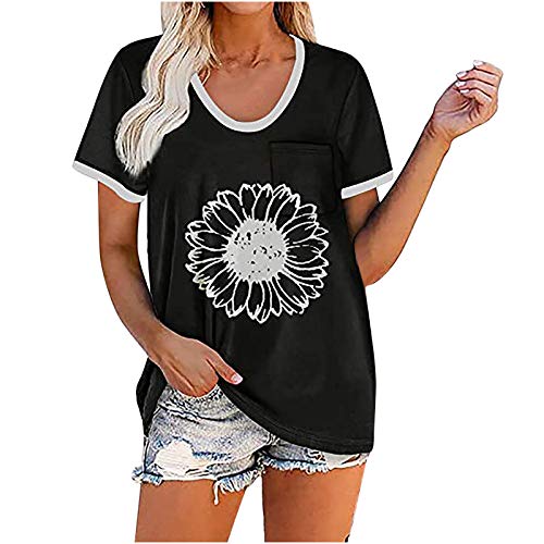 Bravetoshop Women Summer T Shirts Short Sleeve V Neck Sunflower Cute Graphic Printed Tee Tops Casual Loose Blouse (Black,M)