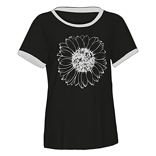 Bravetoshop Women Summer T Shirts Short Sleeve V Neck Sunflower Cute Graphic Printed Tee Tops Casual Loose Blouse (Black,M)