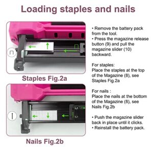 BHTOP 20V Cordless Brad Nail Gun, 2 in 1 Staple Gun, Battery Powered Brad Nailer, 18 Gauge Cordless Stapler with 2.0A Rechargeable Battery, Charger, 2500 Brad Nails and 500 Staples in Pink