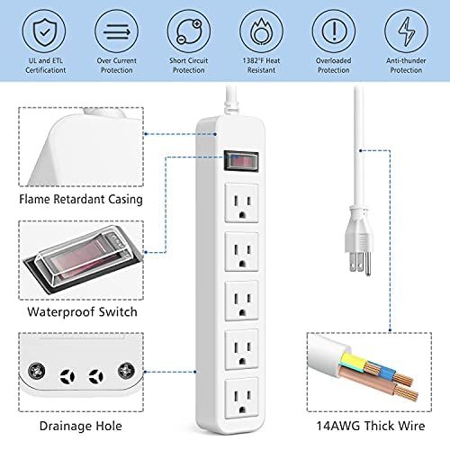 Upgraded Outdoor Power Strip Weatherproof, 5AC Outlets and 6ft Long Extension Cord IPX4 Waterproof Overload Protection Surge Protector for Baby Room/Bathroom/Patio/Kitchen/Garden, UL Certification