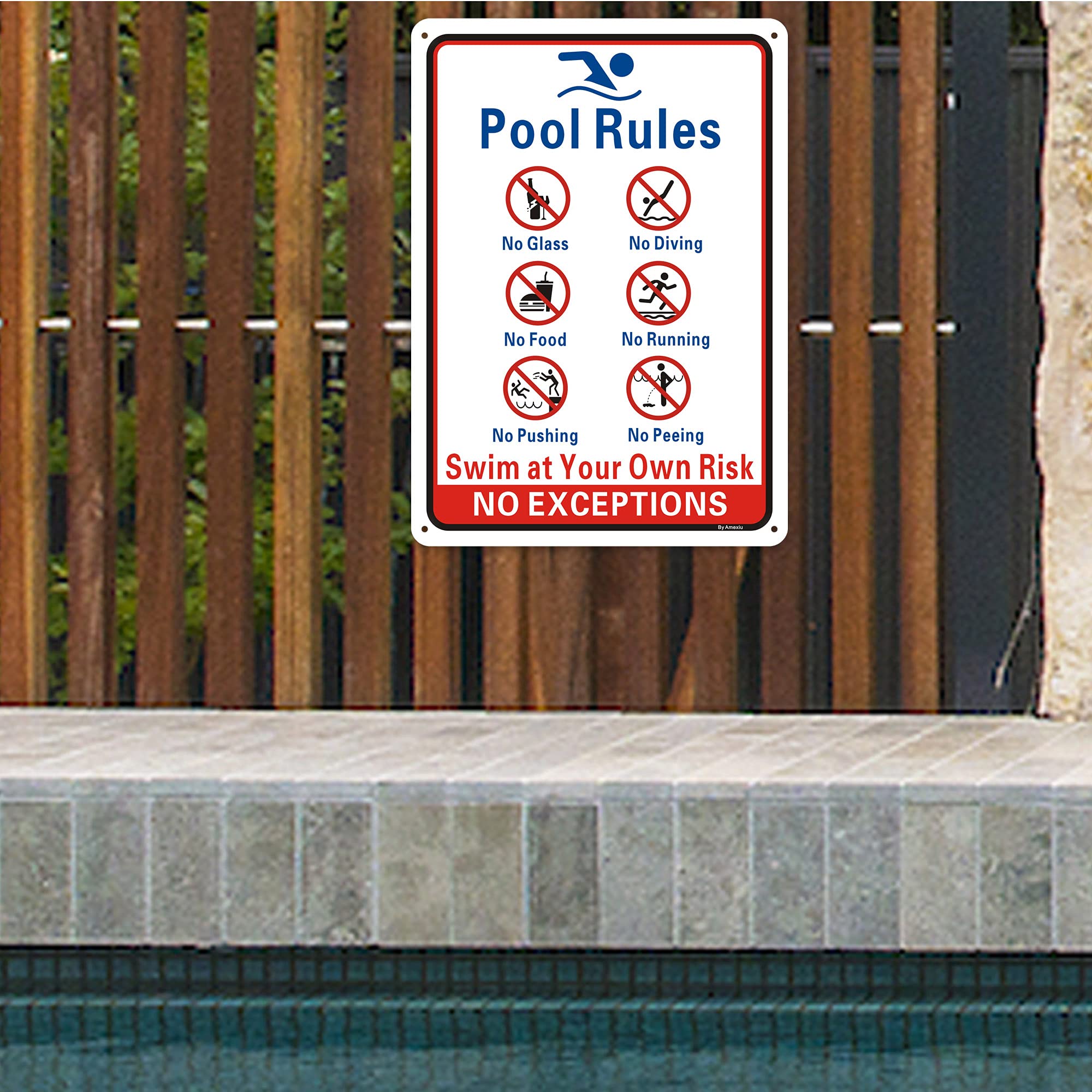 Pool Rules Signs No Diving No Glass Sign, No Food No Pushing No Running No Peeing in Pool Swim at Your Own Risk Signs, 14 x 10 Inches Rust Free Rust Free Aluminum, Easy Mounting (1 Pack )