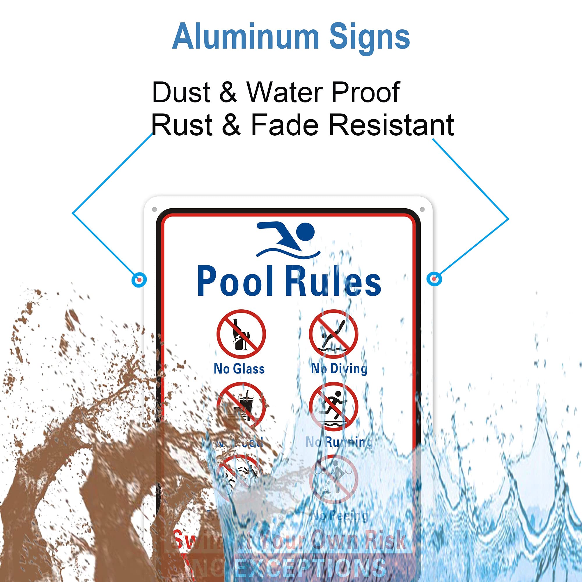 Pool Rules Signs No Diving No Glass Sign, No Food No Pushing No Running No Peeing in Pool Swim at Your Own Risk Signs, 14 x 10 Inches Rust Free Rust Free Aluminum, Easy Mounting (1 Pack )