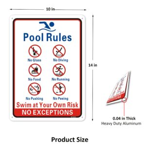 Pool Rules Signs No Diving No Glass Sign, No Food No Pushing No Running No Peeing in Pool Swim at Your Own Risk Signs, 14 x 10 Inches Rust Free Rust Free Aluminum, Easy Mounting (1 Pack )