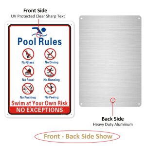 Pool Rules Signs No Diving No Glass Sign, No Food No Pushing No Running No Peeing in Pool Swim at Your Own Risk Signs, 14 x 10 Inches Rust Free Rust Free Aluminum, Easy Mounting (1 Pack )