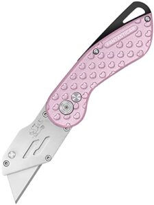 fantasticar box cutter folding utility knife, unique metal body, safety lock button and quick blade change, with extra 5 sharp blades (pink-hearts)