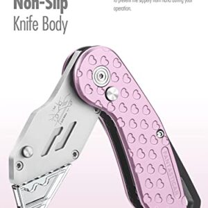 FantastiCAR Box Cutter Folding Utility Knife, Unique Metal Body, Safety Lock Button and Quick Blade Change, with Extra 5 Sharp Blades (Pink-Hearts)