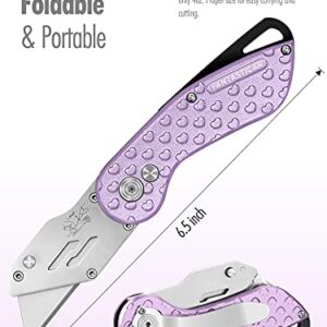 FantastiCAR Folding Utility Knife Cute Box Cutter, Chic Pattern on Metal Body with Extra 5 Blades (Purple-Hearts)