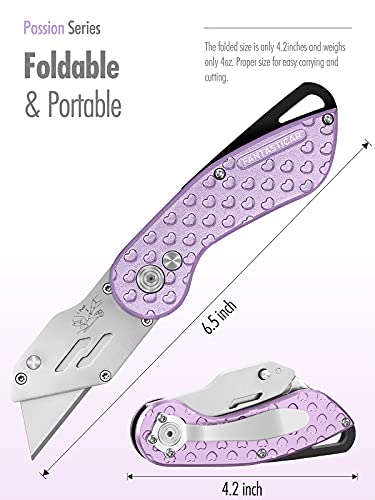 FantastiCAR Folding Utility Knife Cute Box Cutter, Chic Pattern on Metal Body with Extra 5 Blades (Purple-Hearts)