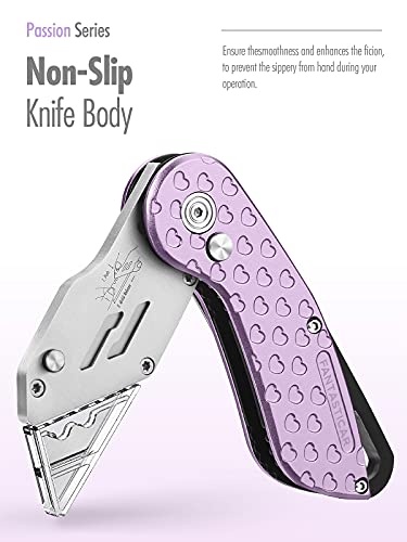 FantastiCAR Folding Utility Knife Cute Box Cutter, Chic Pattern on Metal Body with Extra 5 Blades (Purple-Hearts)