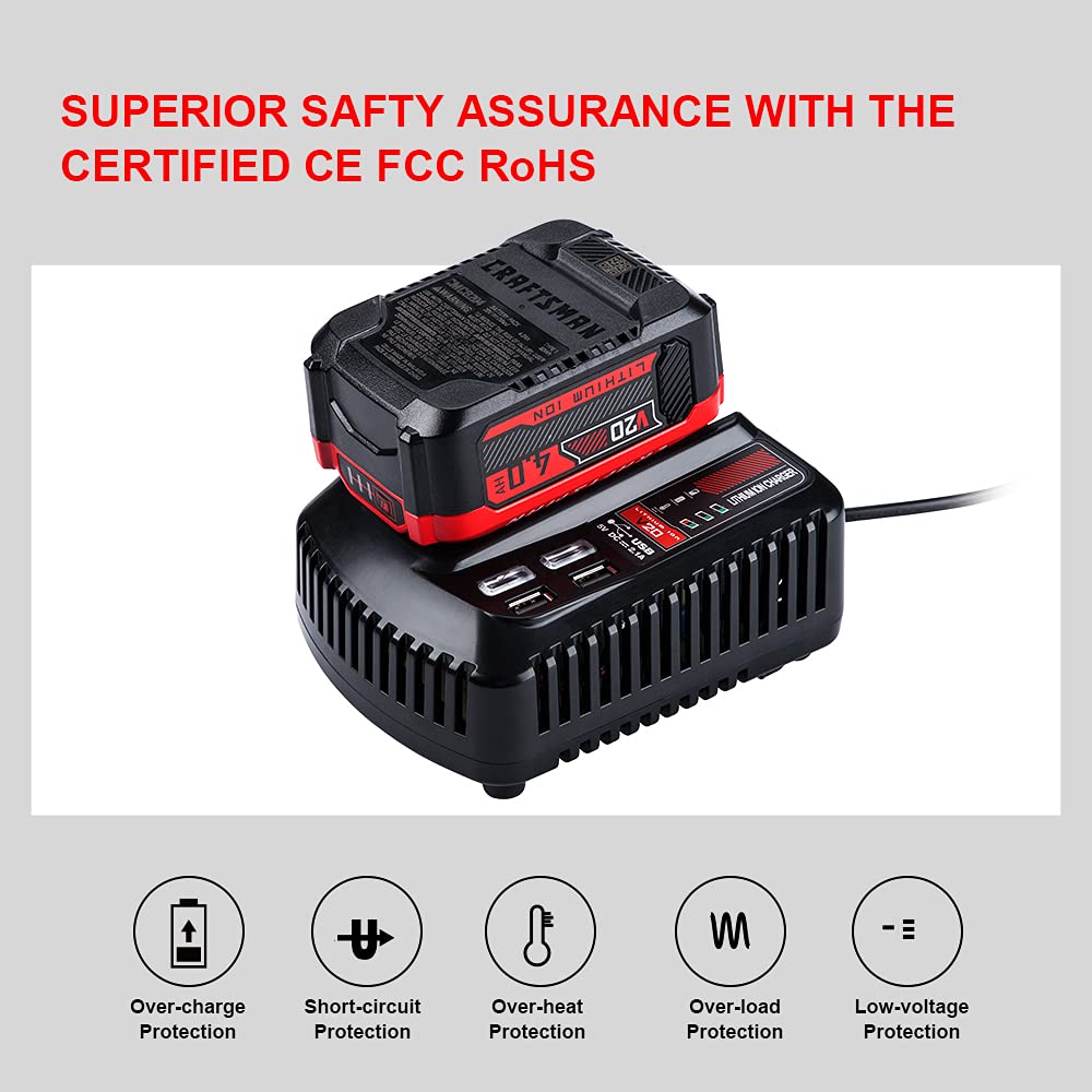 V20 Battery Fast Charger CMCB104, WaxPar CMCB104 Battery Charger Compatible with Craftsman V20 Lithium Battery CMCB204 CMCB202 CMCB201 CMCB209 CMCB205 CMCB100 CMCB101