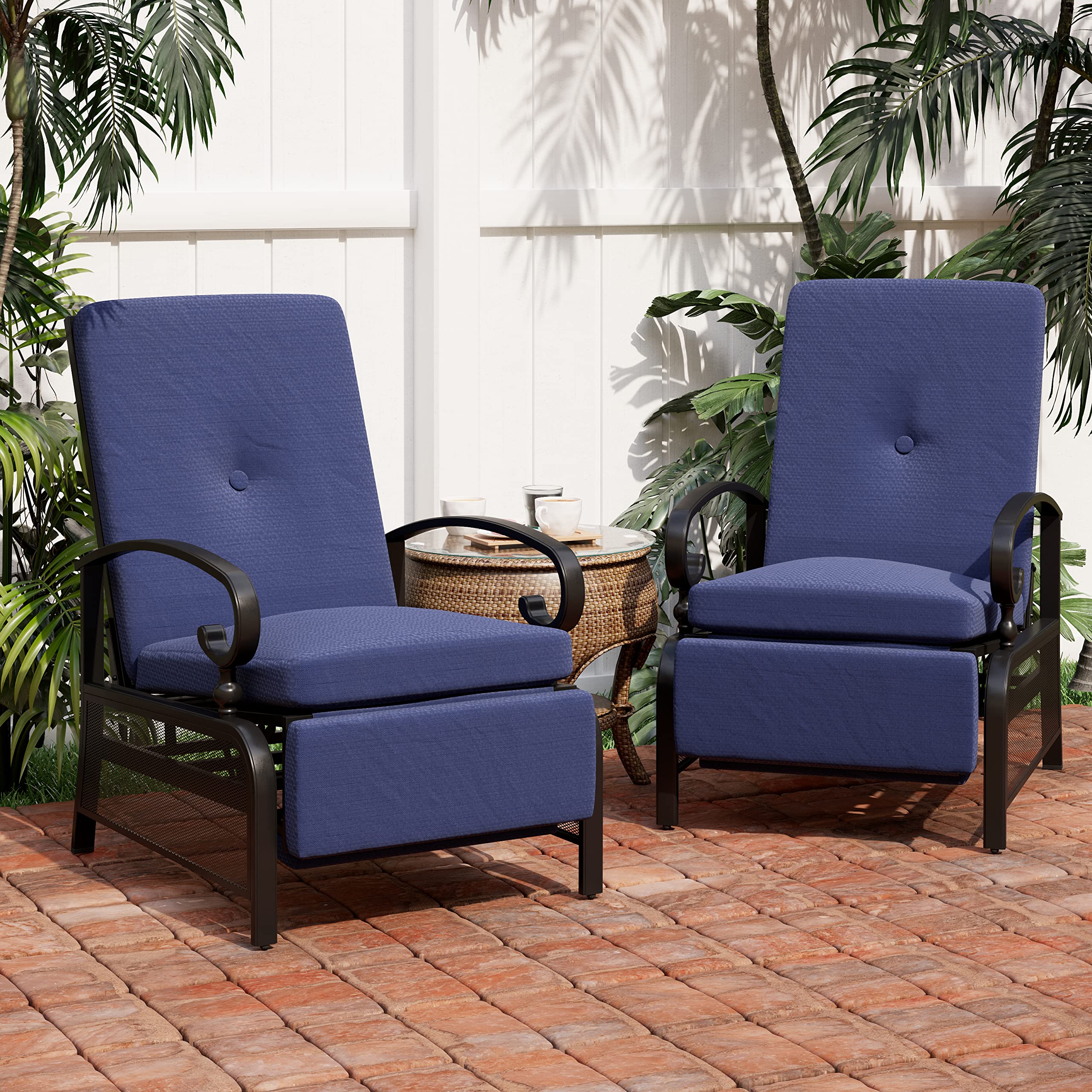 PHI VILLA Outdoor Recliner Chairs Set of 2, Oversized Patio Recliners Metal Chaise Lounge Outdoor Chairs Zero Gravity with Removable Blue Cushion for Garden, Poolside, Deck