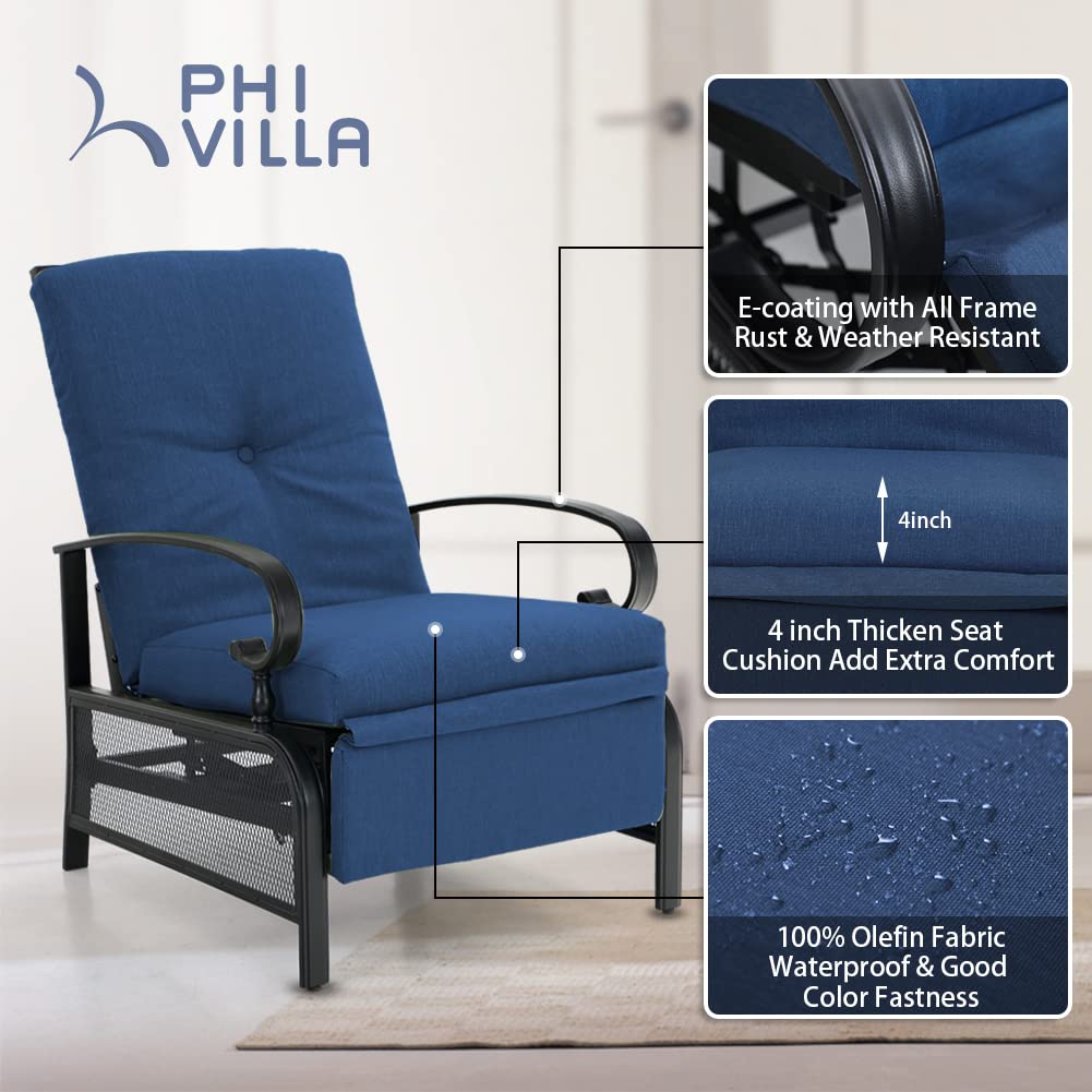 PHI VILLA Outdoor Recliner Chairs Set of 2, Oversized Patio Recliners Metal Chaise Lounge Outdoor Chairs Zero Gravity with Removable Blue Cushion for Garden, Poolside, Deck