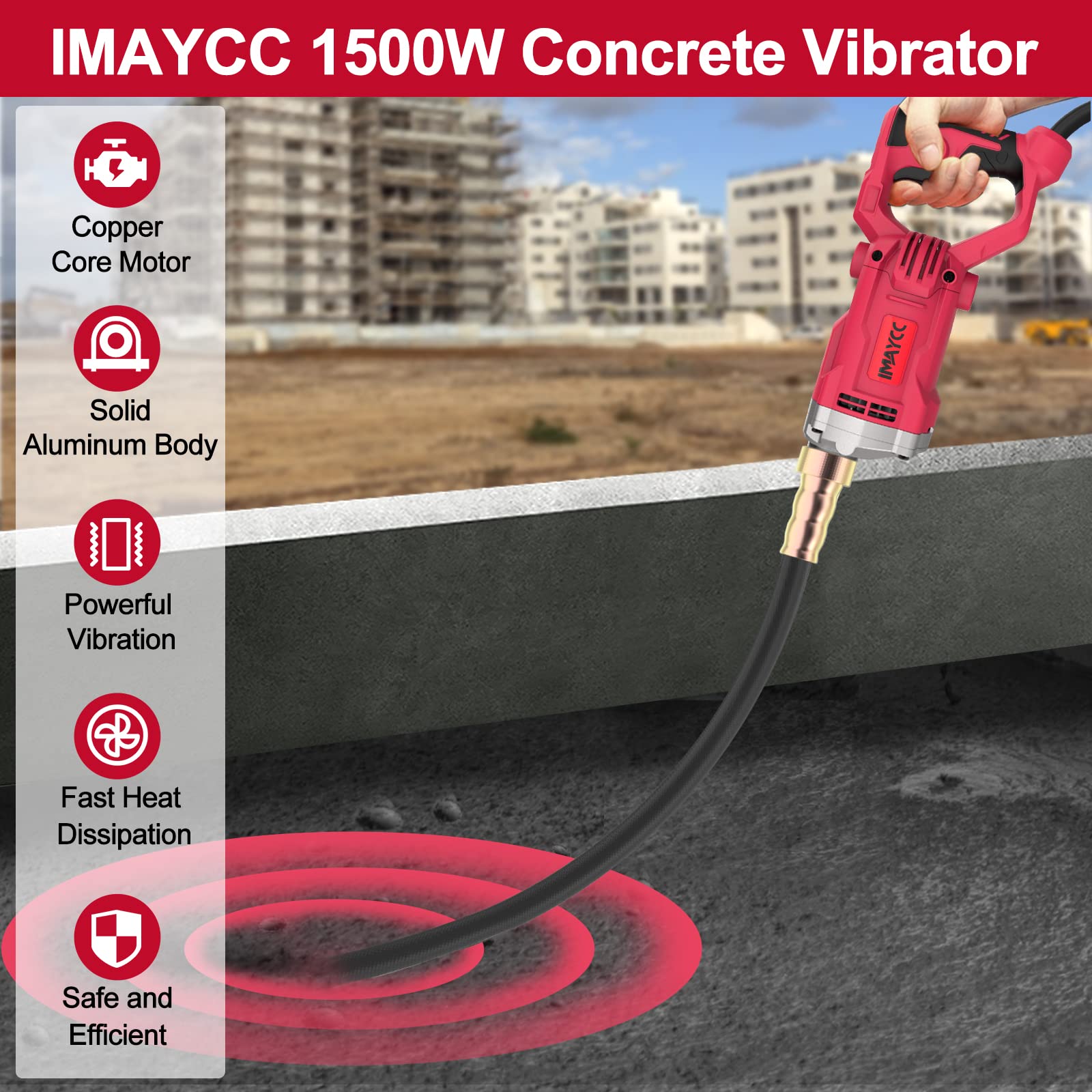 IMAYCC Concrete Vibrator 1500W Handheld Concrete Vibrating Tool with 6.6ft Shaft Rod Electric Concrete Vibrabrater 14400VPM Portable Power Concrete Vibrators for Various Concrete Construction