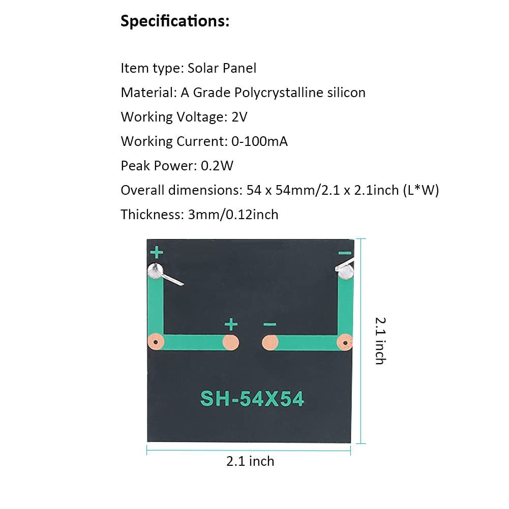 Mini Solar Panel, 10Pcs 2V 100mA 0.2W Polysilicon Small Micro Solar Cell Module for DIY Projects Light Toys Charger 54x54mm