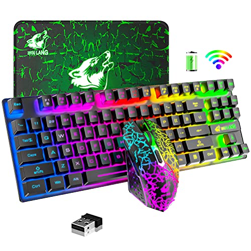 Wireless Gaming Keyboard and Mouse Combo,Rainbow Backlit Rechargeable 3800mAh Battery,87 Keys Mechanical Feel Ergonomic Waterproof Keyboard,RGB Gaming Mute Mouse and Mousepad for PC Gamers (Black)