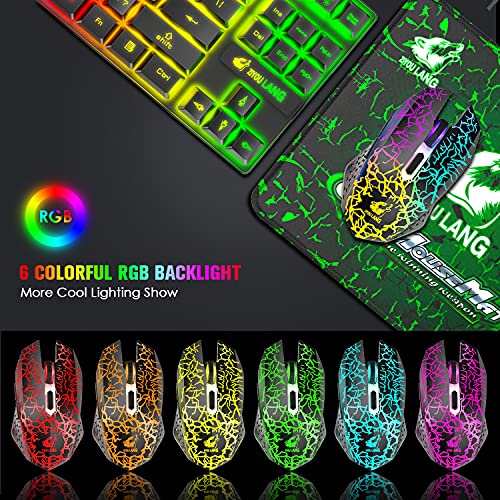 Wireless Gaming Keyboard and Mouse Combo,Rainbow Backlit Rechargeable 3800mAh Battery,87 Keys Mechanical Feel Ergonomic Waterproof Keyboard,RGB Gaming Mute Mouse and Mousepad for PC Gamers (Black)