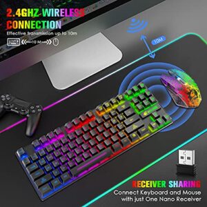 Wireless Gaming Keyboard and Mouse Combo,Rainbow Backlit Rechargeable 3800mAh Battery,87 Keys Mechanical Feel Ergonomic Waterproof Keyboard,RGB Gaming Mute Mouse and Mousepad for PC Gamers (Black)