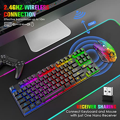 Wireless Gaming Keyboard and Mouse Combo,Rainbow Backlit Rechargeable 3800mAh Battery,87 Keys Mechanical Feel Ergonomic Waterproof Keyboard,RGB Gaming Mute Mouse and Mousepad for PC Gamers (Black)