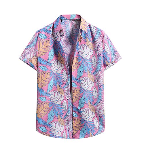 Men's Casual Summer Print Buttons V-Neck Short Sleeves O-Neck Loose Hawaii Shirts Blouse Tops(Pink, L)