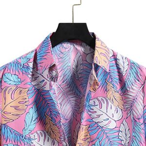 Men's Casual Summer Print Buttons V-Neck Short Sleeves O-Neck Loose Hawaii Shirts Blouse Tops(Pink, L)