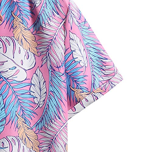 Men's Casual Summer Print Buttons V-Neck Short Sleeves O-Neck Loose Hawaii Shirts Blouse Tops(Pink, L)