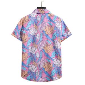 Men's Casual Summer Print Buttons V-Neck Short Sleeves O-Neck Loose Hawaii Shirts Blouse Tops(Pink, L)