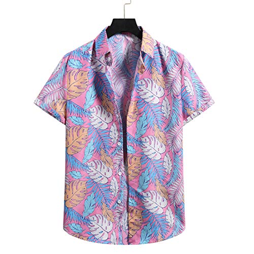 Men's Casual Summer Print Buttons V-Neck Short Sleeves O-Neck Loose Hawaii Shirts Blouse Tops(Pink, L)