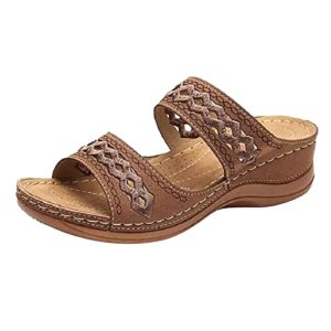 sdeycui summer women's sandals rivet woven retro ethnic style light and breathable wear-resistant support slope heel comfortable pu slippers indooer&outdoor(brown, 7)