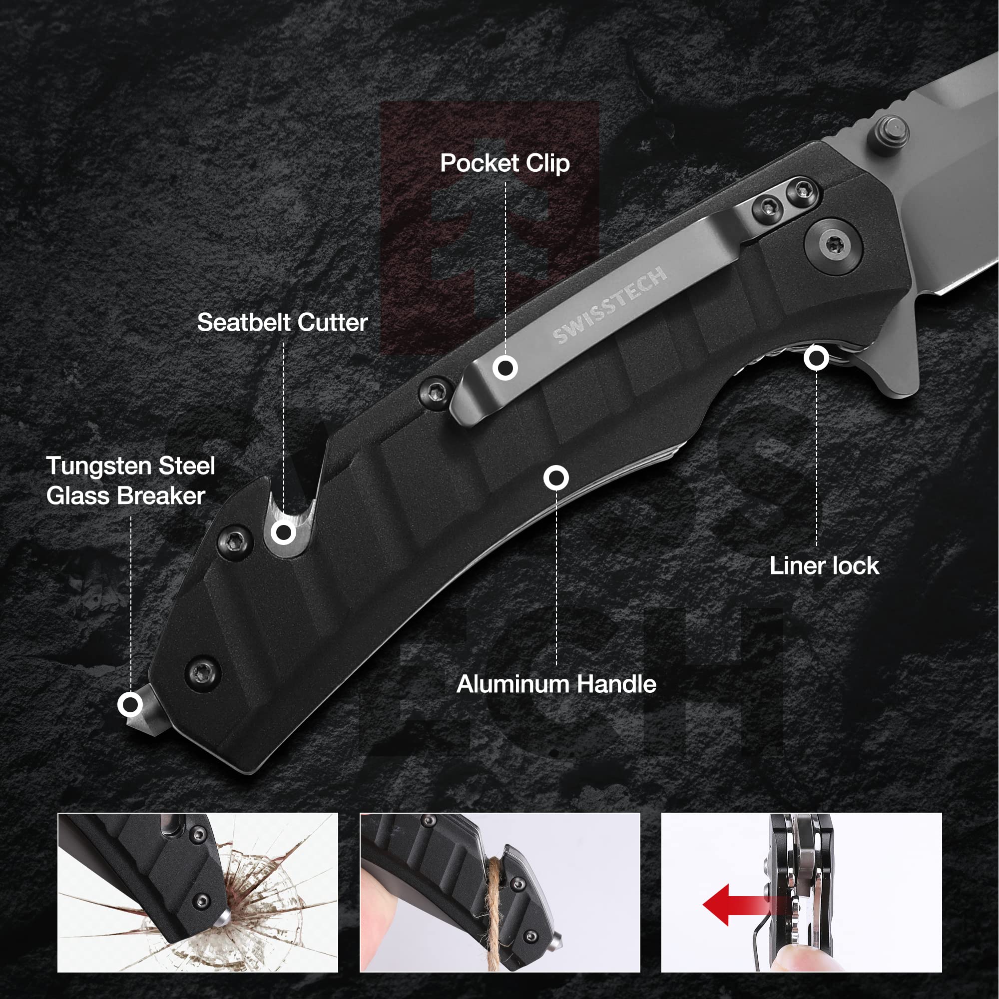 Swiss+Tech Folding Pocket Knife, Tactical Knife with 3.75" Tanto Blade, Pocket Clip, Glass Breaker, Seatbelt Cutter, Fit for Hunting Camping Survival, EDC, Self Defense, Perfect for Men & Women