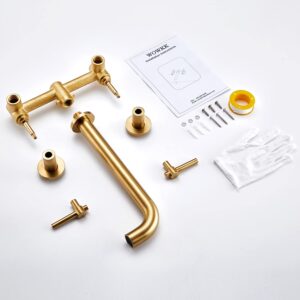 Wowkk Wall Mount Tub Filler Brushed Gold Tub Faucet Brass Bathroom Bathtub Faucets with 2 Handles