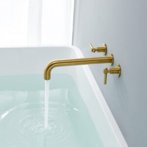 Wowkk Wall Mount Tub Filler Brushed Gold Tub Faucet Brass Bathroom Bathtub Faucets with 2 Handles