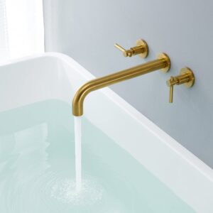 Wowkk Wall Mount Tub Filler Brushed Gold Tub Faucet Brass Bathroom Bathtub Faucets with 2 Handles