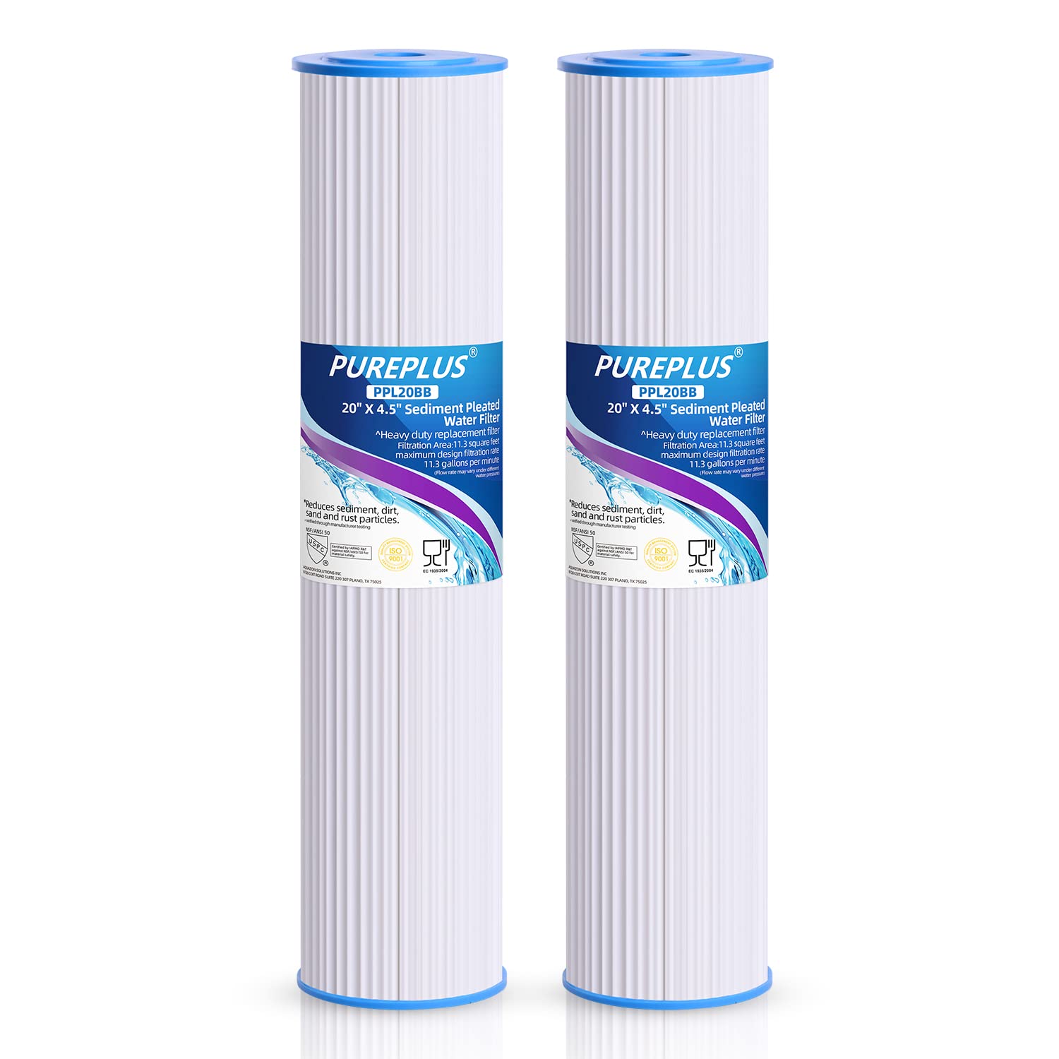 PUREPLUS 20" x 4.5" Whole House Pleated Sediment Filter for Well Water, Replacement Cartridge for ECP5-BB, AP810-2, HDC3001, SPC-45-1005, CP5-BB, ECP1-20BB, 2Pack