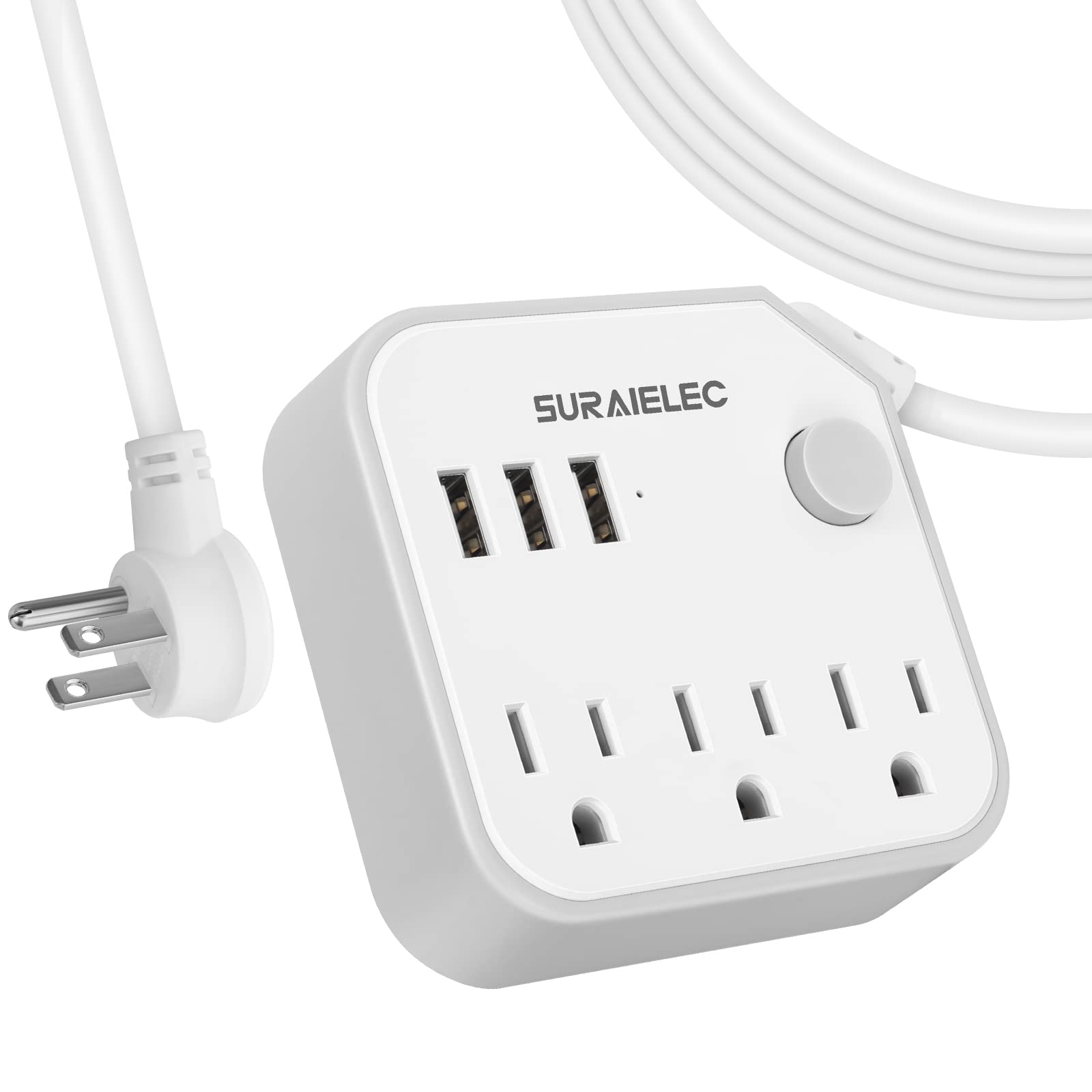 Suraielec 15 FT Long Extension Cord, 3 Outlet Desk Power Strip with USB, 3 USB Ports Small Desktop Charging Station, 45 Degree Flat Plug, Portable for Travel/Home, Indoor, White