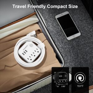 Suraielec 15 FT Long Extension Cord, 3 Outlet Desk Power Strip with USB, 3 USB Ports Small Desktop Charging Station, 45 Degree Flat Plug, Portable for Travel/Home, Indoor, White