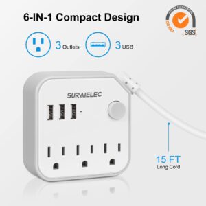 Suraielec 15 FT Long Extension Cord, 3 Outlet Desk Power Strip with USB, 3 USB Ports Small Desktop Charging Station, 45 Degree Flat Plug, Portable for Travel/Home, Indoor, White