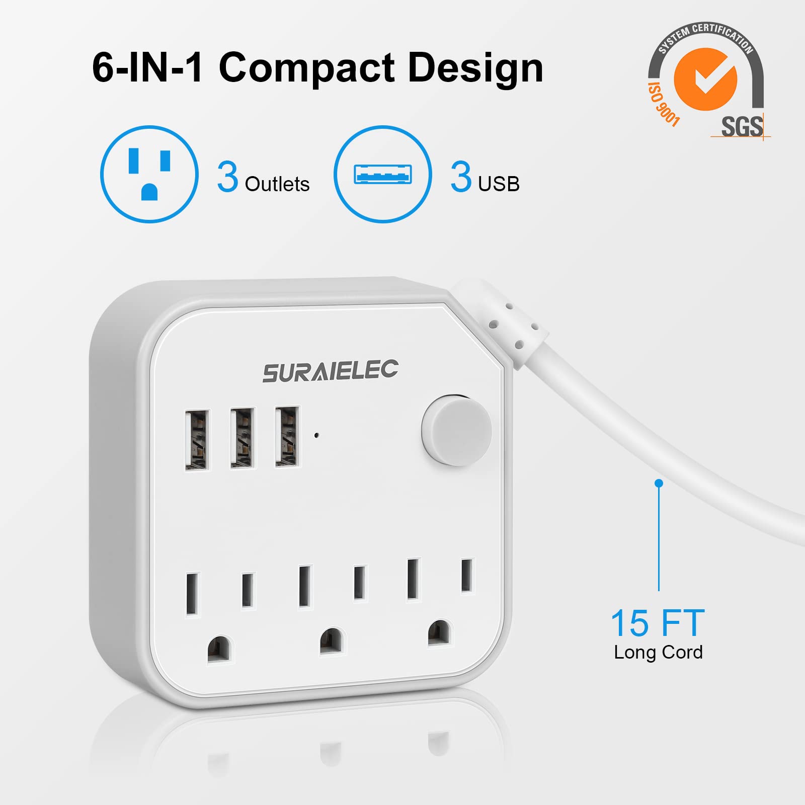 Suraielec 15 FT Long Extension Cord, 3 Outlet Desk Power Strip with USB, 3 USB Ports Small Desktop Charging Station, 45 Degree Flat Plug, Portable for Travel/Home, Indoor, White