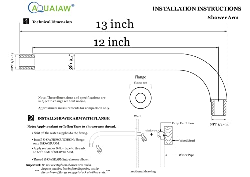 Aquaiaw Shower Arm and O-Ring Flange, 12 inch, Solid Brass, Round, Both 1/2 NPT Tapered Threads, Bent Shower Arm, Wall Mount Shower Head Extension Arm, Rainfall Shower Head Arm (Matte Black)