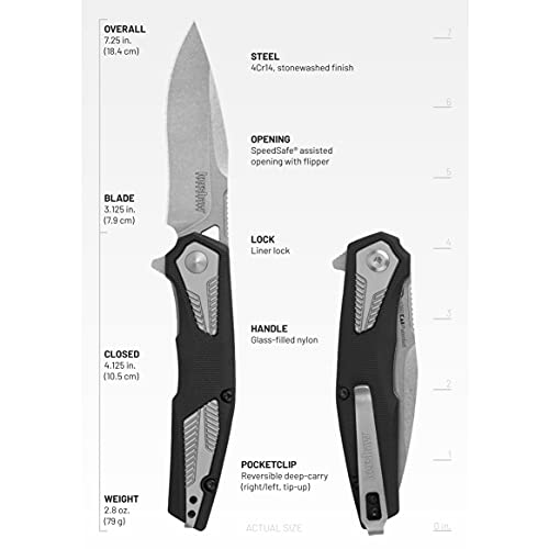 Kershaw Tremolo Pocket Knife, 3.125" 4Cr14 Steel Clip Point Blade, assisted opening EDC,Black