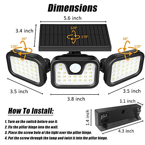 4PACK Solar Security Light Outdoor Solar Motion Sensor Light 500Lumen 74LED Solar Powered Security Flood Lighting with 3 Heads Wide Angle Illumination IP65 Waterproof for Outdoor Porch Yard Garage