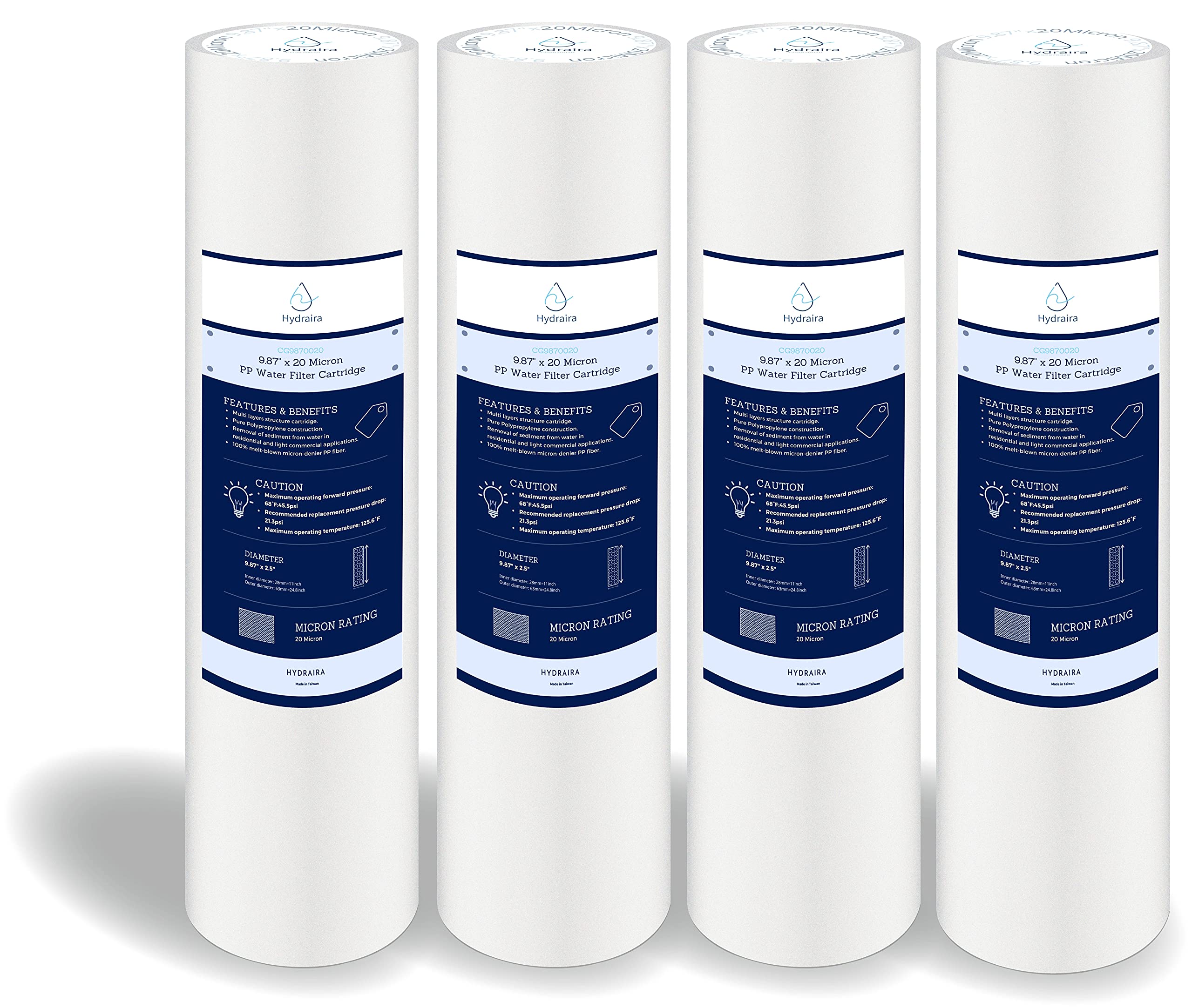 Hydraira 4-Pack 20 Micron 9.87” x 2.5” Sediment Water Filter Replacement Cartridge for Any Standard RO unit | Whole House RO System | Whole House Sediment Filtration CG9870020