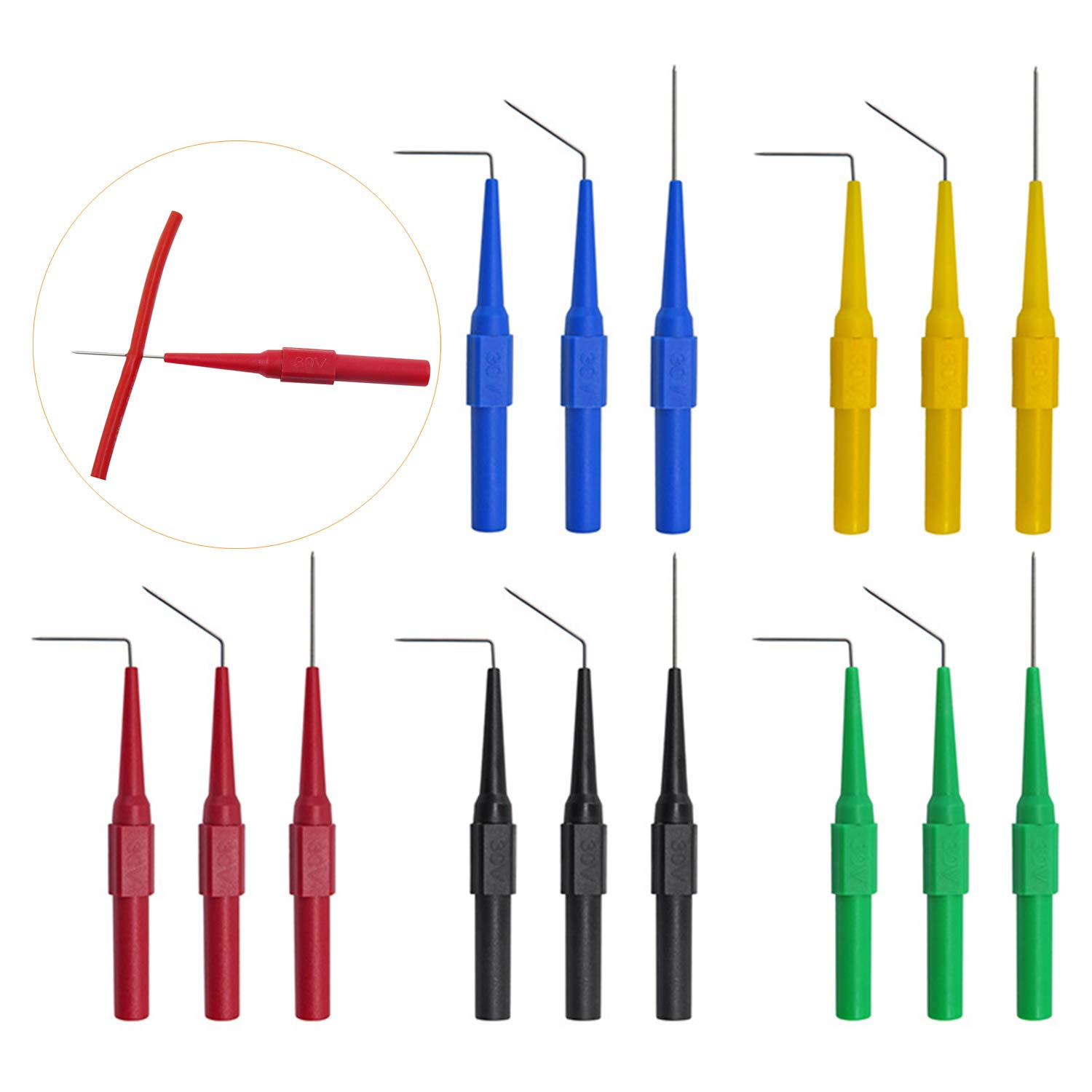 Testeronics 47 in 1 Back Probe Kit with 6 Pockets Roll Up Tool Bag |5 PCS Wire Piercer with Cover| 20 PCS Back Probe Pin | 10 PCS 4mm Banana Plug to Alligator Clip Circuit Test Lead 39.37 inch