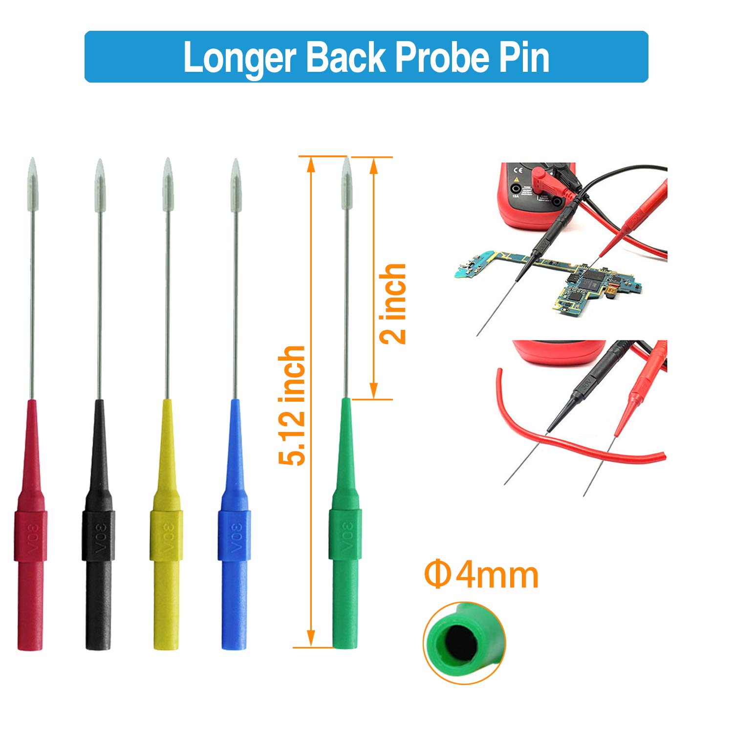 Testeronics 47 in 1 Back Probe Kit with 6 Pockets Roll Up Tool Bag |5 PCS Wire Piercer with Cover| 20 PCS Back Probe Pin | 10 PCS 4mm Banana Plug to Alligator Clip Circuit Test Lead 39.37 inch