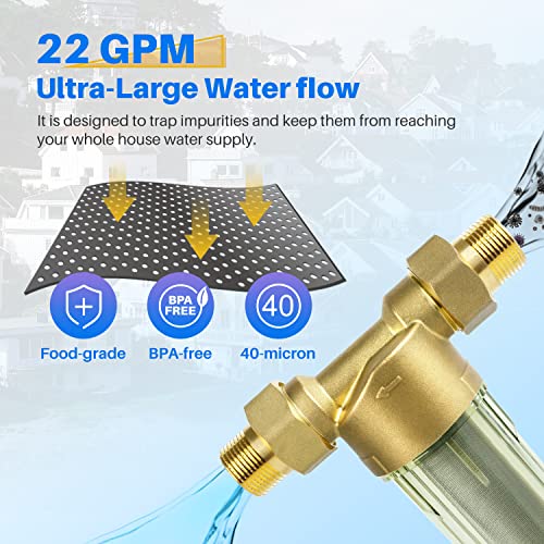 GOLDEN ICEPURE 40 Micron Spin Down Water Filter, Whole House Spin Down Sediment Water Filter with Scrapper, Reusable Flushable Pre-Filtration System, 1" MNPT + 3/4" FNPT + 3/4"MNPT, BPA Free